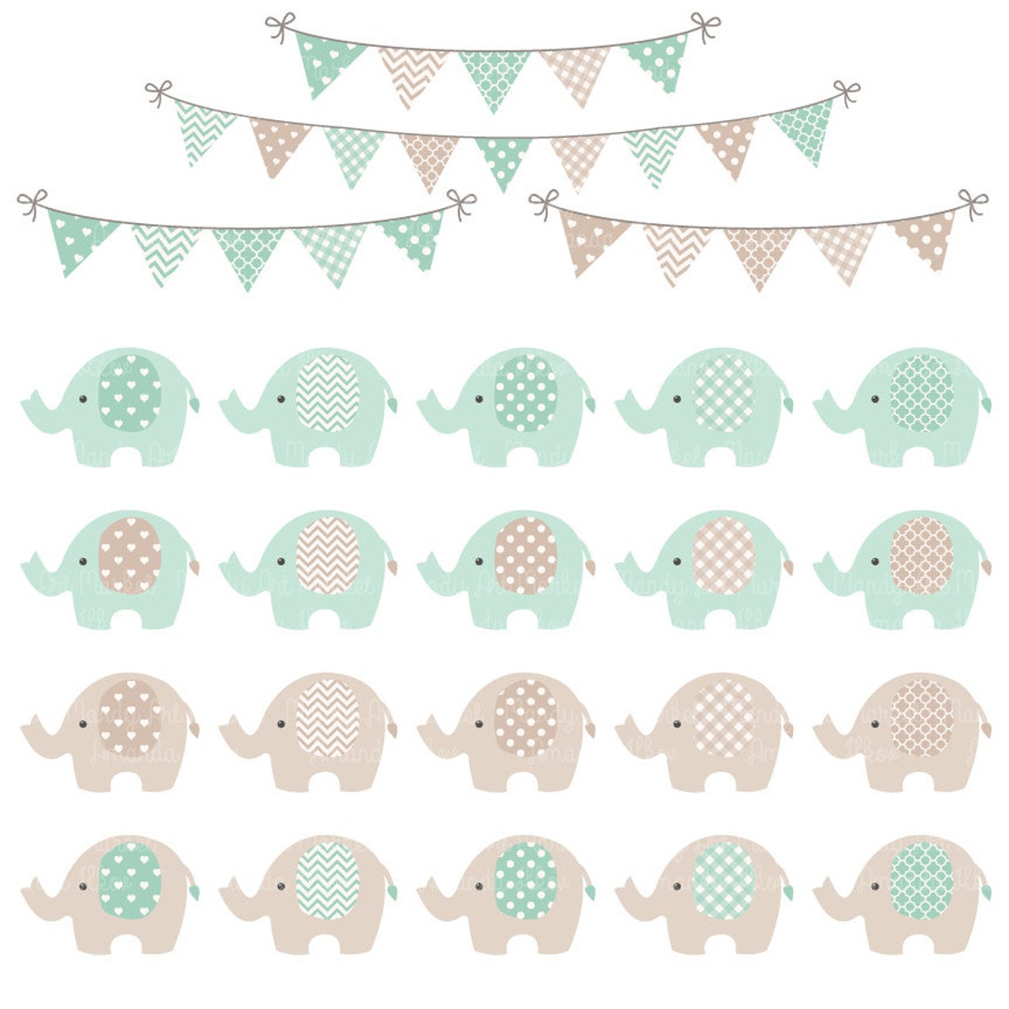 Premium Elephant Clipart, Vectors & Digital Papers in Mint With Tan ...