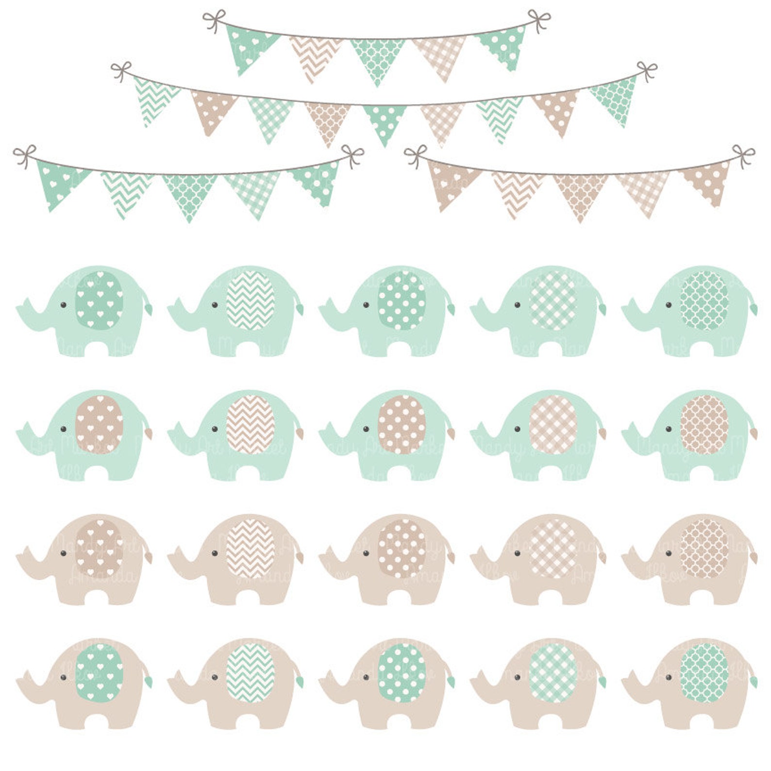 Premium Elephant Clipart Vectors & Digital Papers in Mint - Etsy