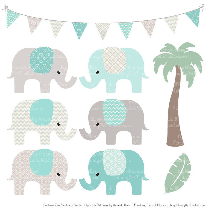 Patterned Aqua Elephants Clipart and Digital Papers - Aqua Elephant ...