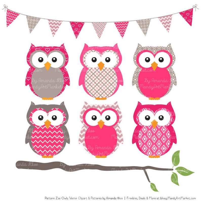 Patterned Hot Pink Owls Clipart and Digital Papers - Pink Owl Clipart ...