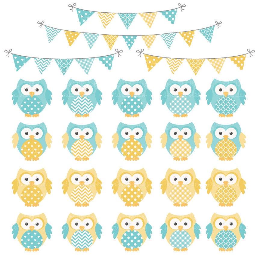 Premium Owl Clipart Vectors & Digital Papers in Fresh Aqua | Etsy