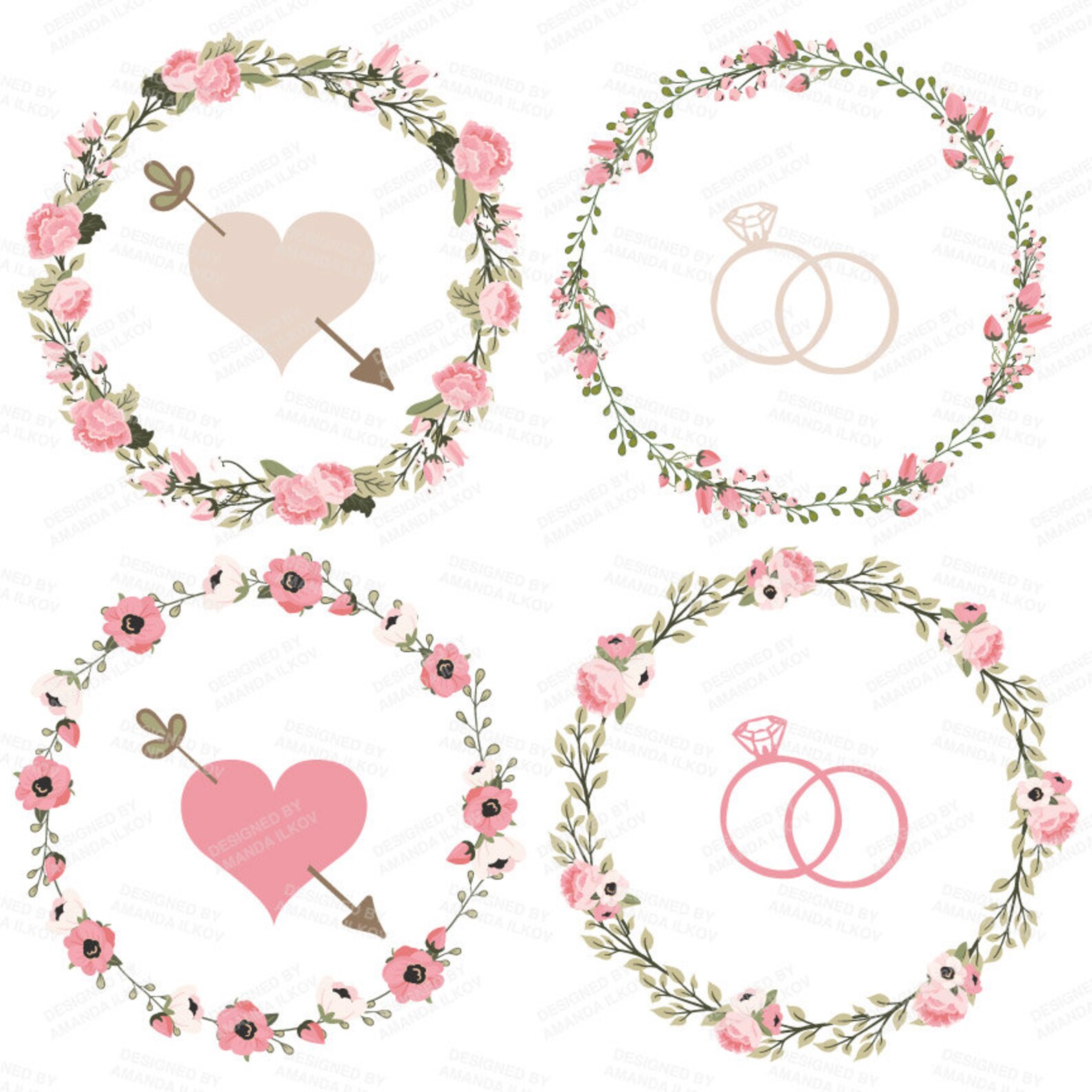 Premium Wedding Floral Clipart & Vectors Soft Pink Wedding | Etsy