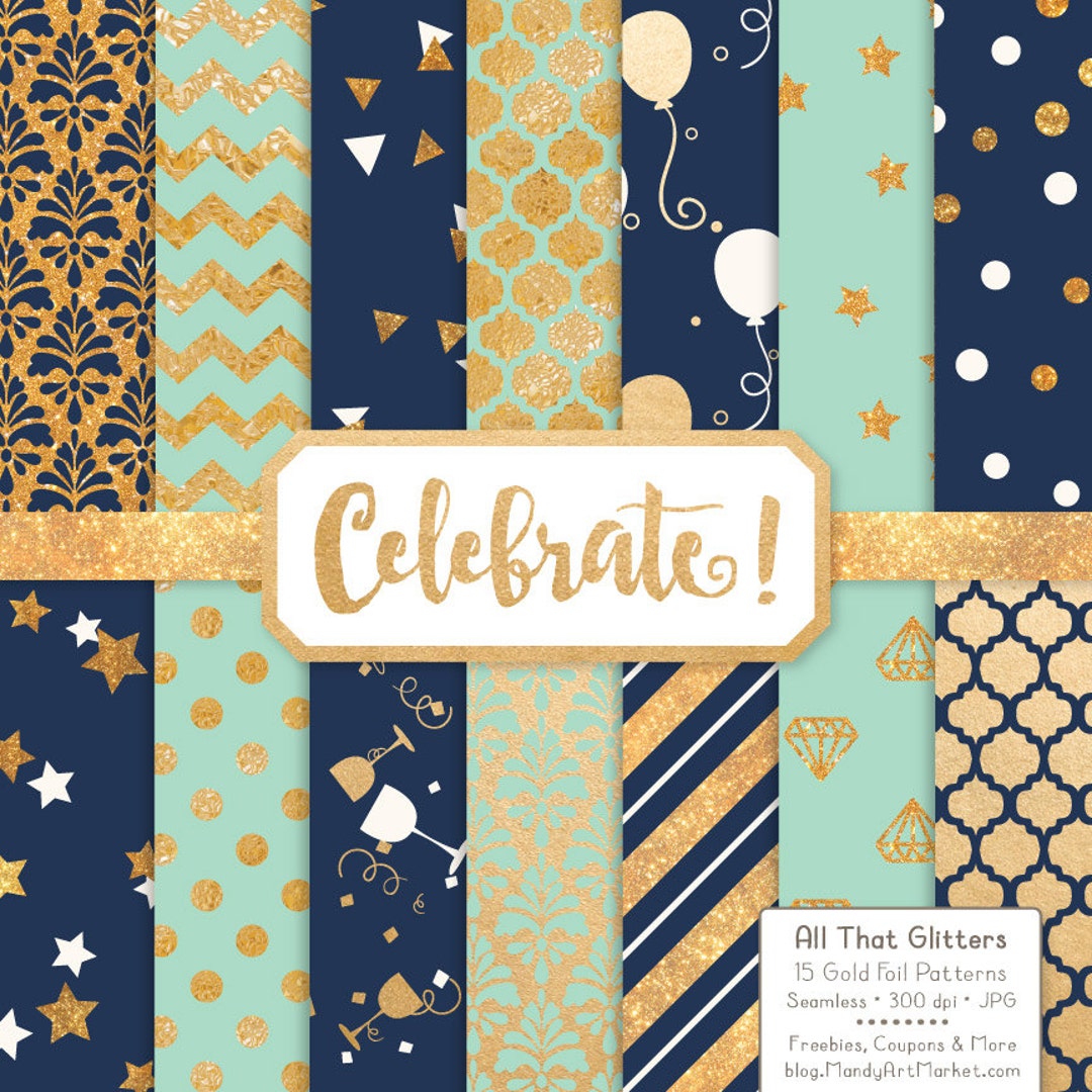 Premium Gold Foil Navy & Mint Digital Papers Party Patterns, Party ...