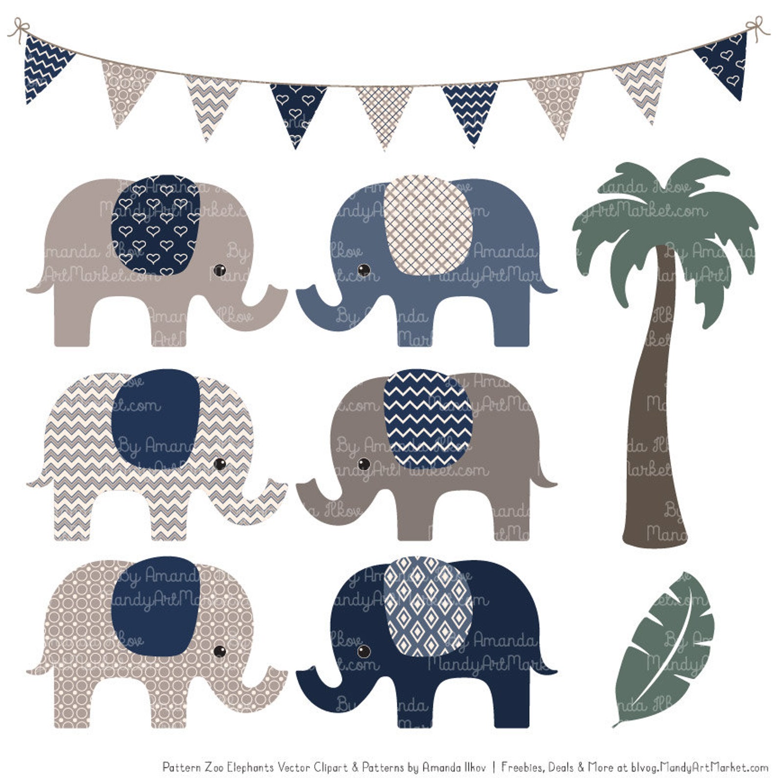 Patterned Navy Elephants Clipart and Digital Papers - Navy Elephant ...