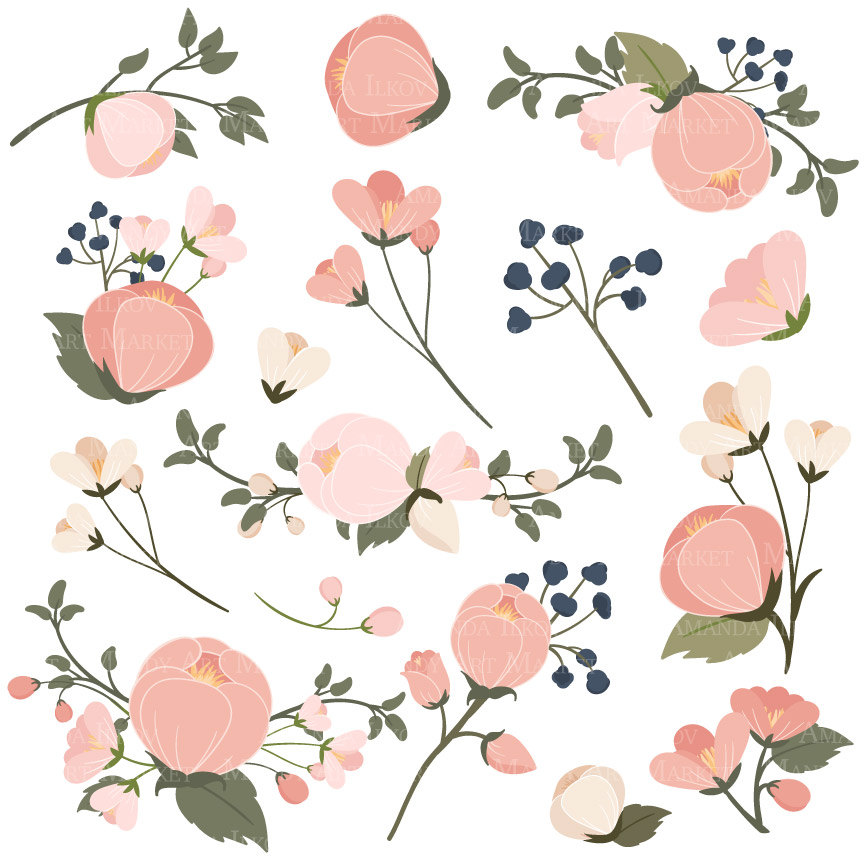Emma Floral Bunches Clipart & Vectors Navy and Pink Flowers - Etsy