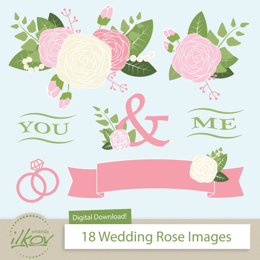 Premium Wedding Clip Art Pink Wedding Roses Clip Art for | Etsy