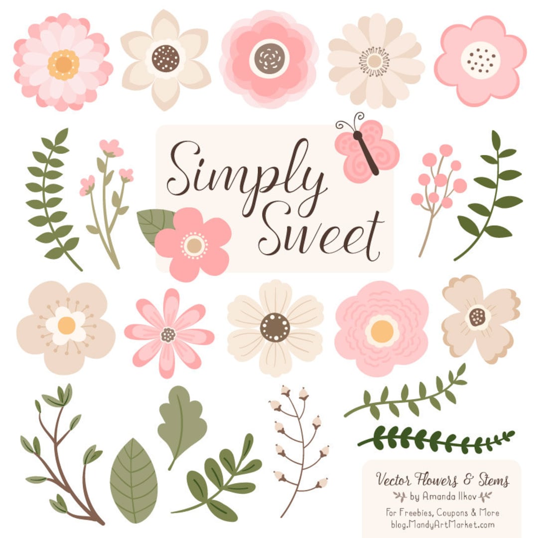 Cute Flowers Clipart in Soft Pink - Soft Pink Vector Flowers, Soft Pink ...