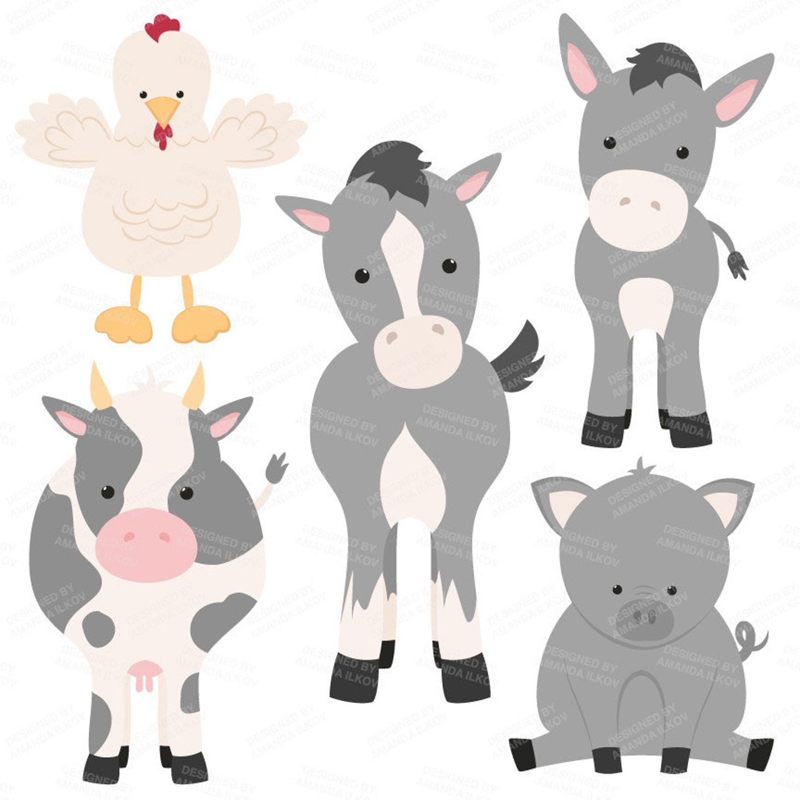 Premium Grey Farm Animals Clip Art & Vectors Grey Farm | Etsy
