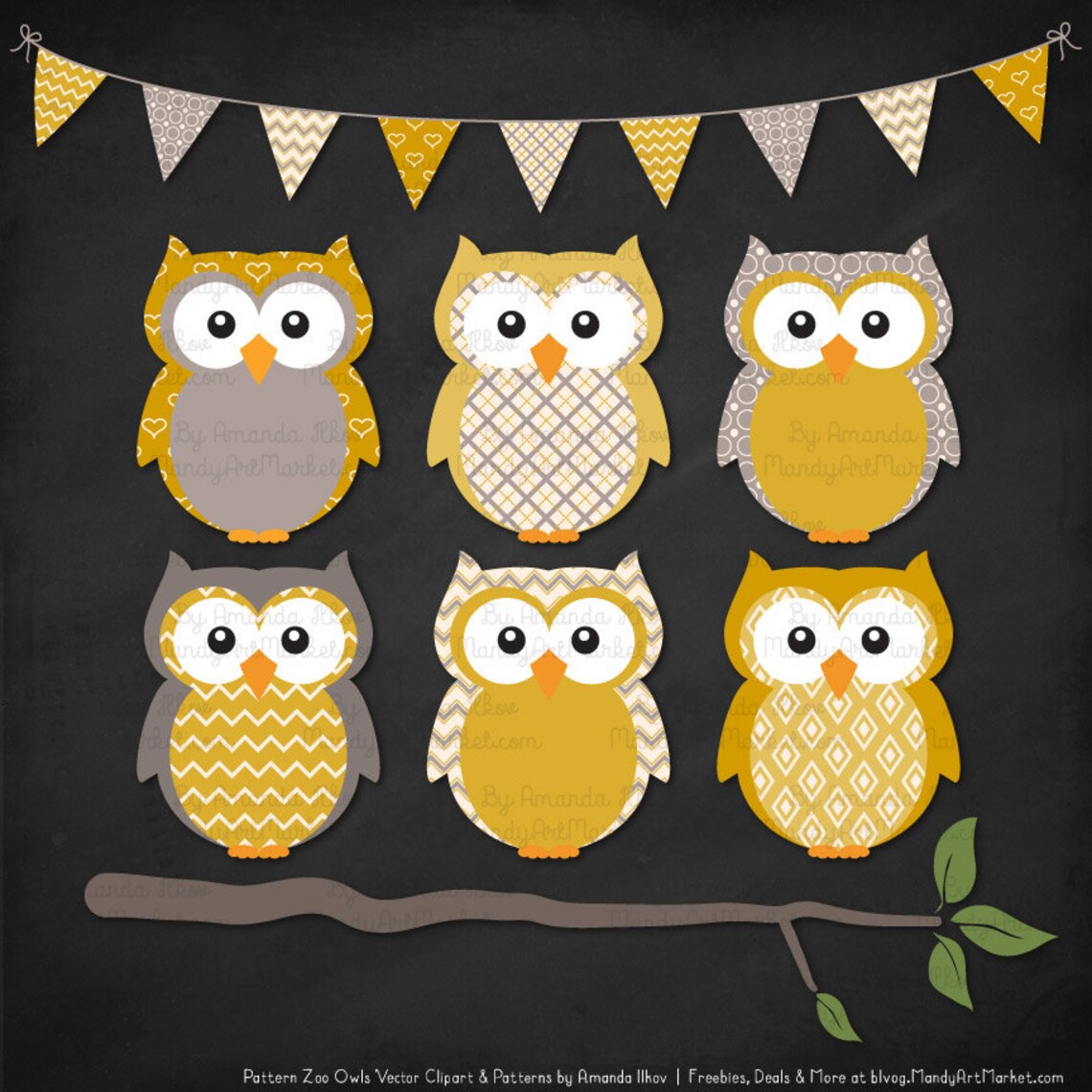 Patterned Mustard Owls Clipart and Digital Papers - Yellow Owl Clipart ...