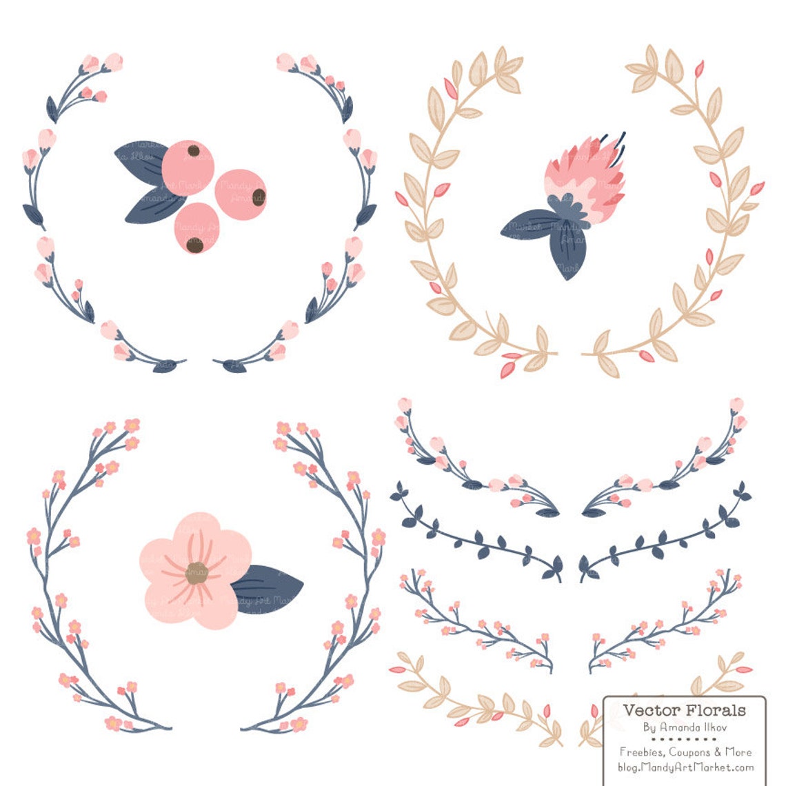 Premium Floral Wreaths & Laurels in Navy and Blush Navy and - Etsy