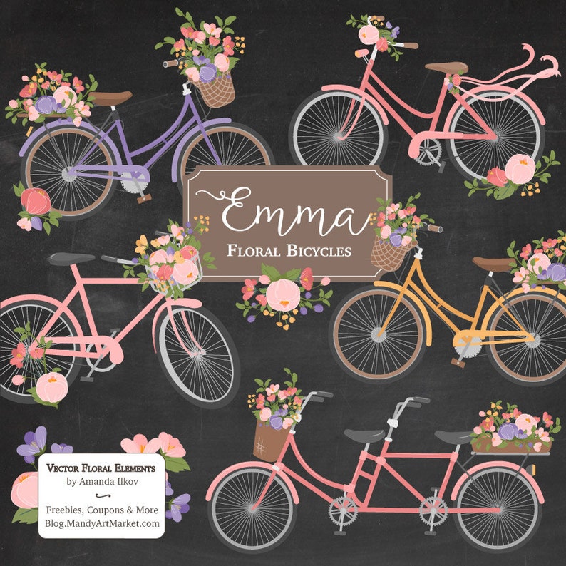 Emma Floral Bicycle Clipart & Vectors in Wildflowers Pink | Etsy