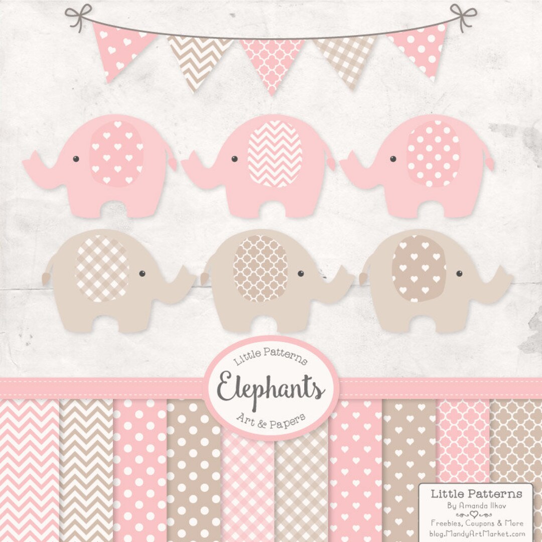 Premium Elephant Clipart, Vectors & Digital Papers in Soft Pink With ...