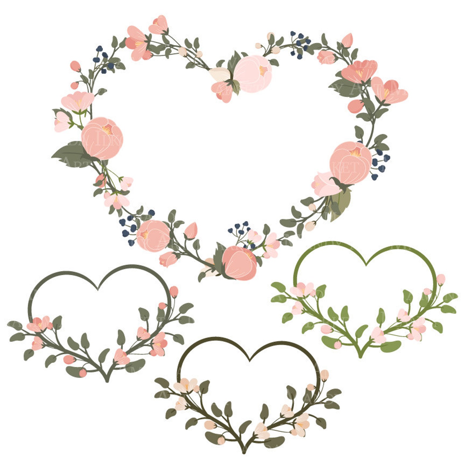 Emma Floral Heart Clipart & Vectors in Navy and Blush - Navy Flowers ...