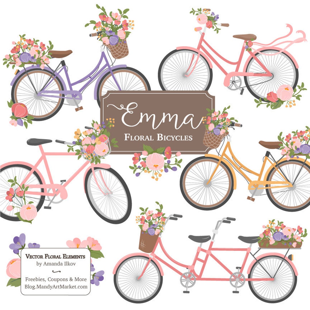 Emma Floral Bicycle Clipart & Vectors in Wildflowers - Pink Bicycles ...