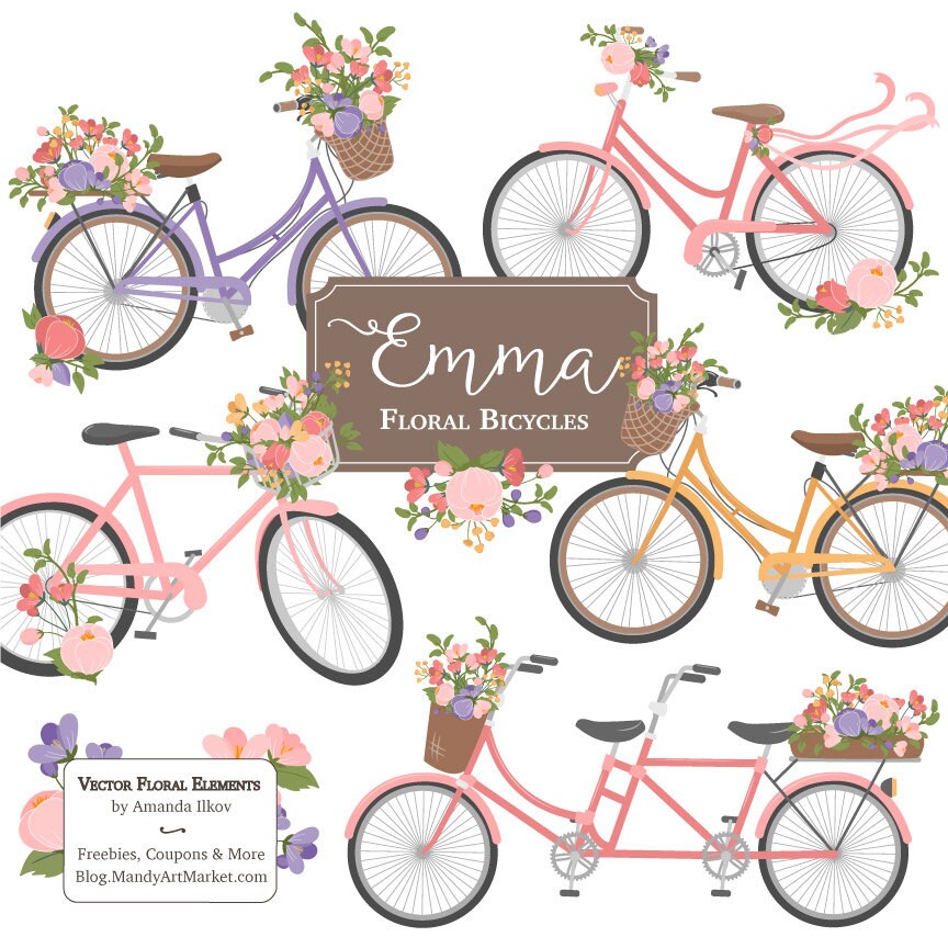 Emma Floral Bicycle Clipart & Vectors in Wildflowers - Pink Bicycles ...