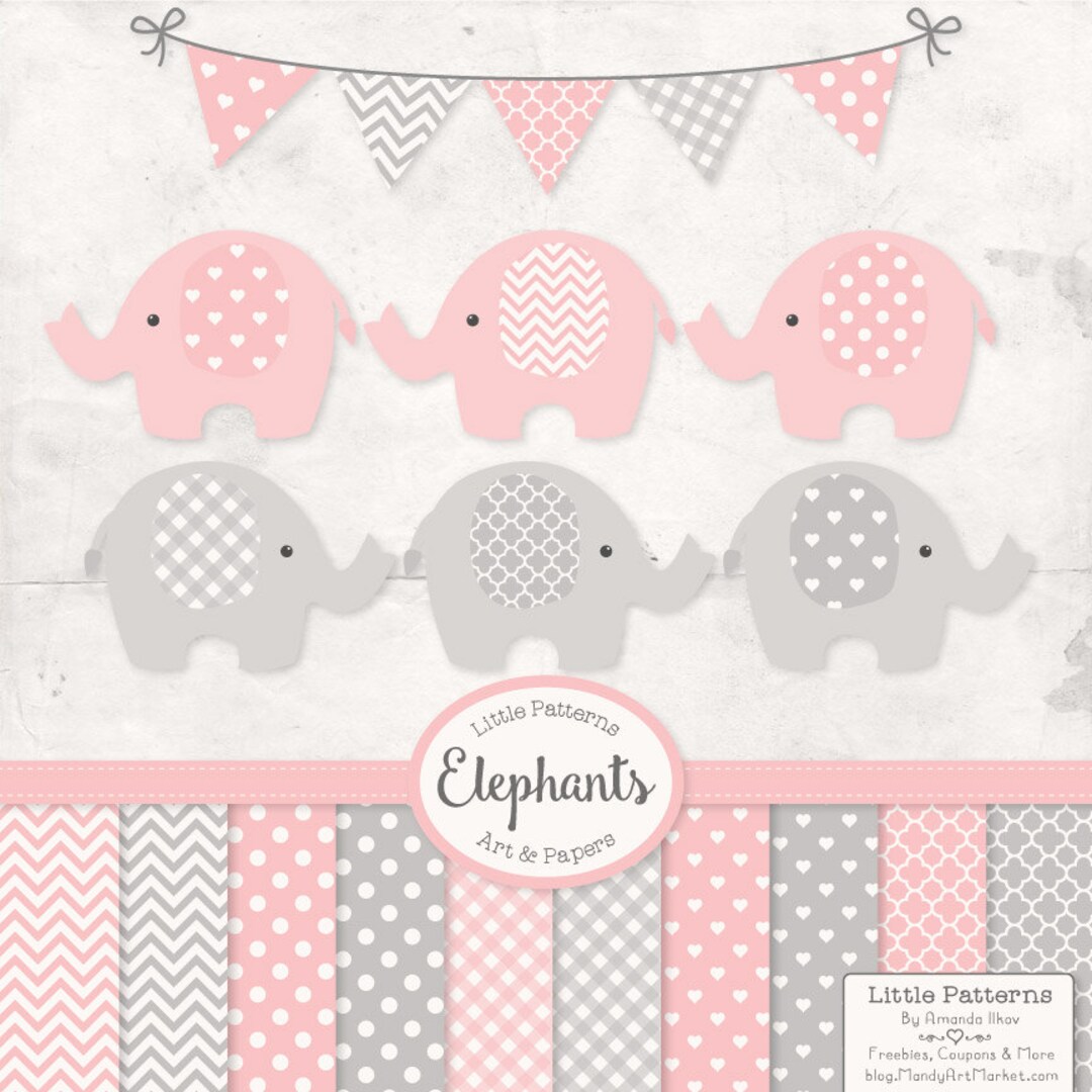 Premium Elephant Clipart, Vectors & Digital Papers in Soft Pink With ...