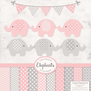 Premium Elephant Clipart, Vectors & Digital Papers in Soft Pink With ...