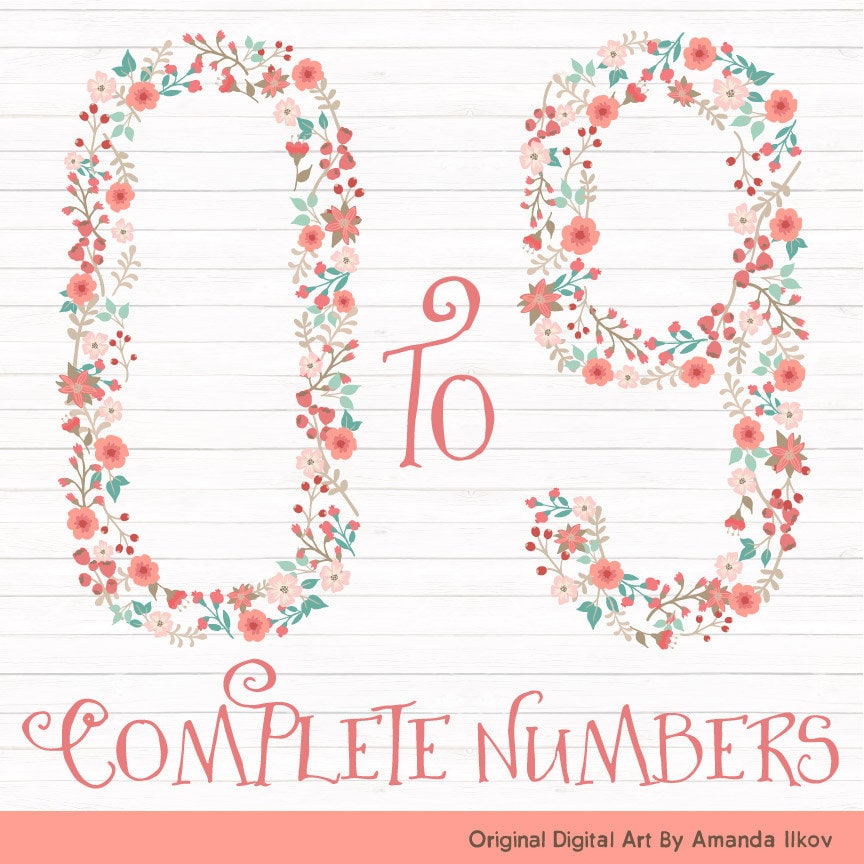 Premium Floral Numbers Clipart & Vectors in Mint and Coral - Mint Coral ...