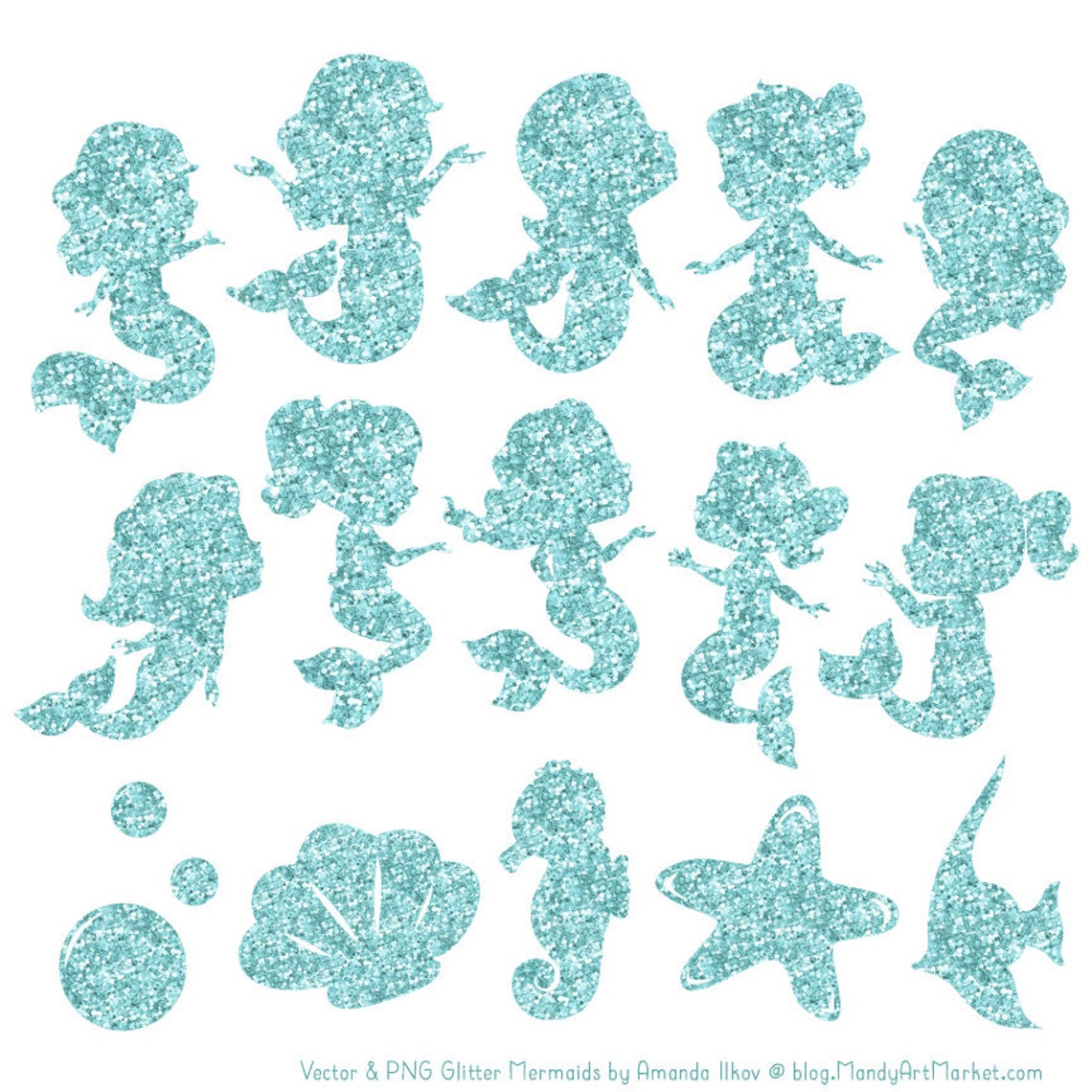 Cute Glitter Mermaids Clipart Aqua Mermaid Glitter Clipart | Etsy