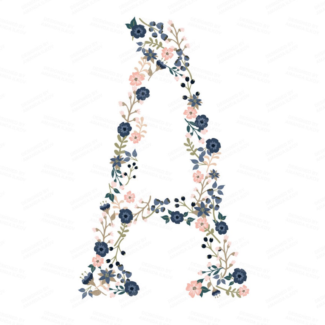Professional Floral Alphabet Clipart & Vectors - Navy Floral Monogram ...