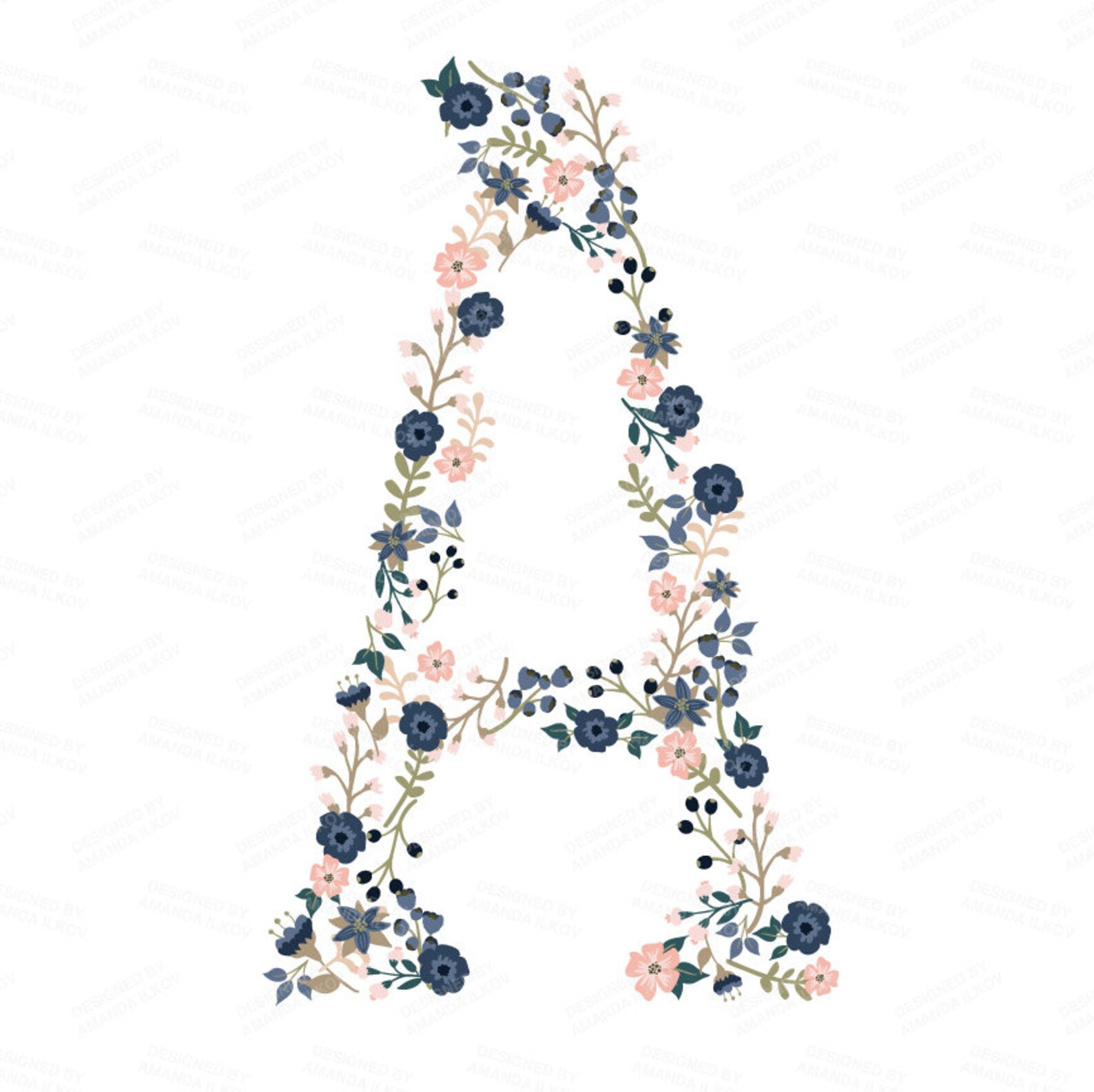 Professional Floral Alphabet Clipart & Vectors Navy Floral Monogram ...