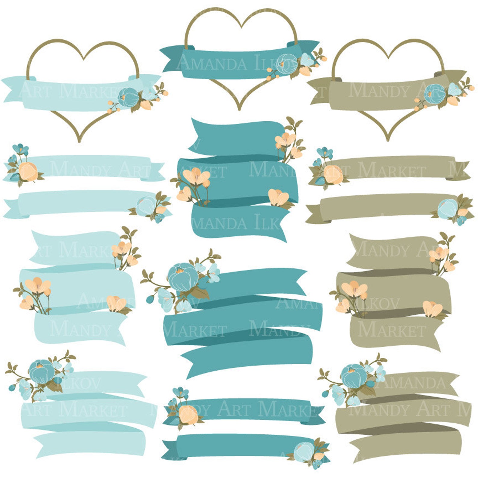 Emma Floral Heart Clipart & Vectors in Vintage Blue - Teal Flowers ...