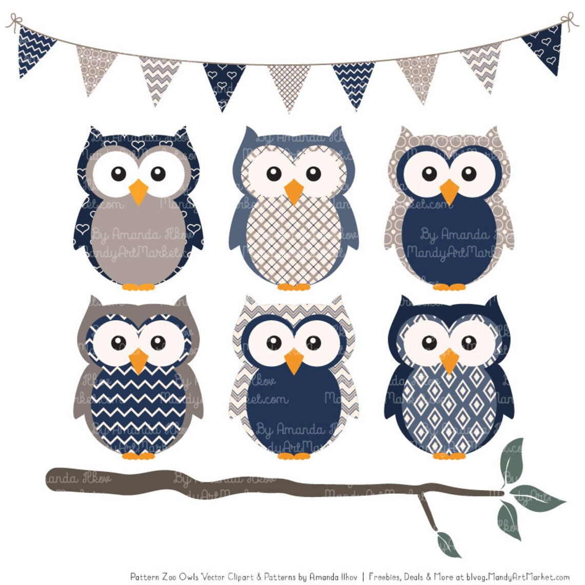 Patterned Navy Owls Clipart and Digital Papers Navy Owl - Etsy