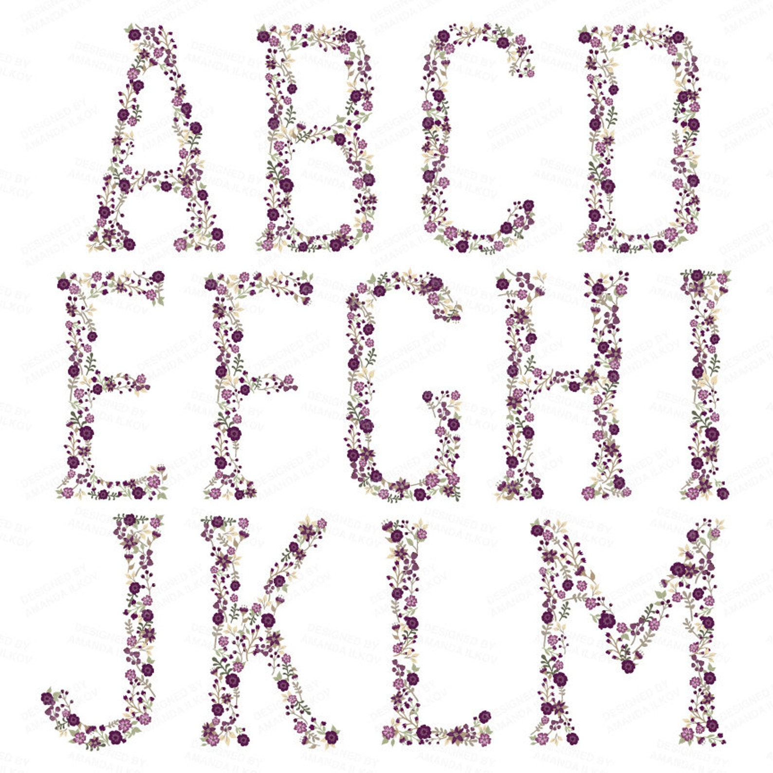 Professional Floral Alphabet Clipart & Vectors Plum Floral | Etsy