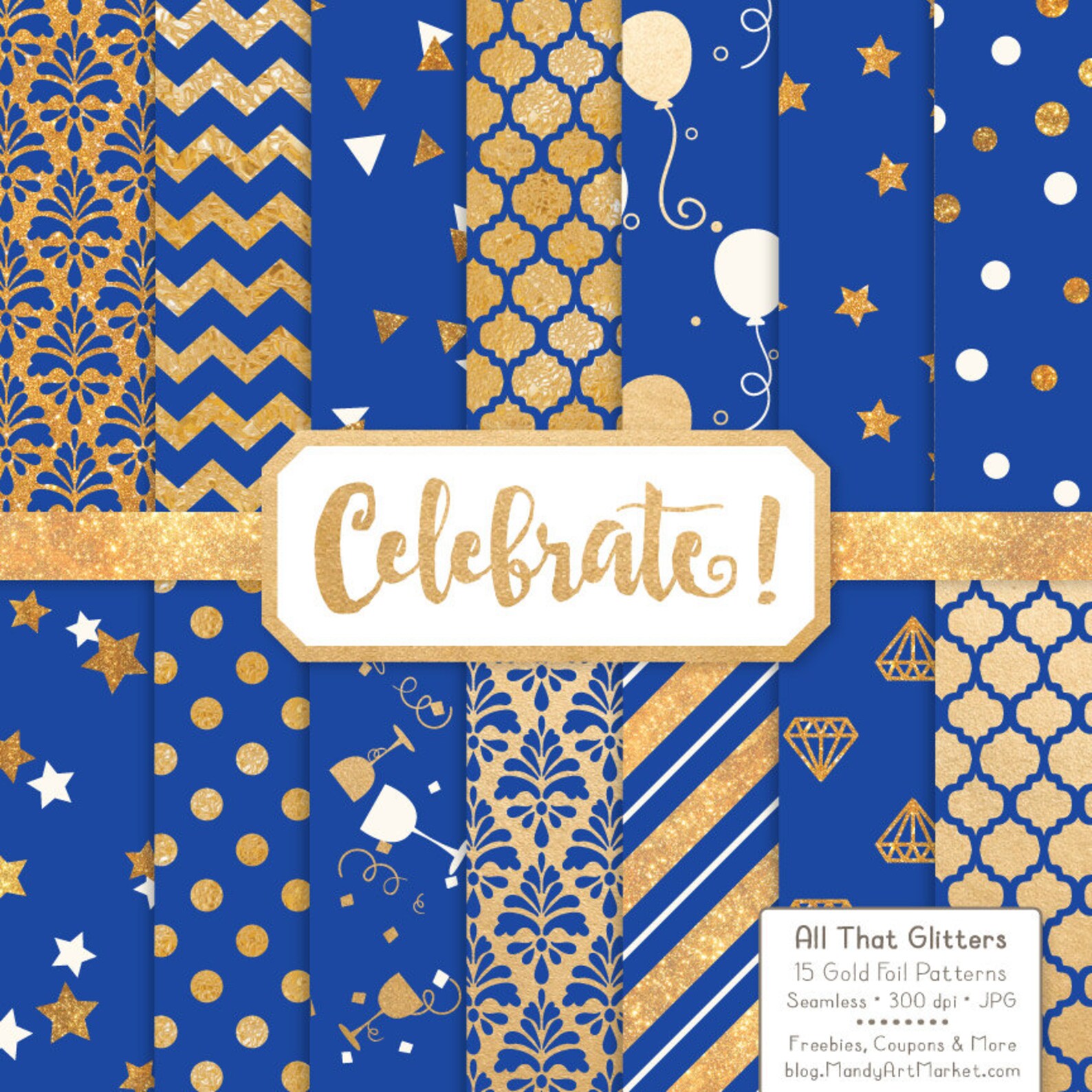 Premium Gold Foil Royal Blue Digital Papers Party Patterns | Etsy