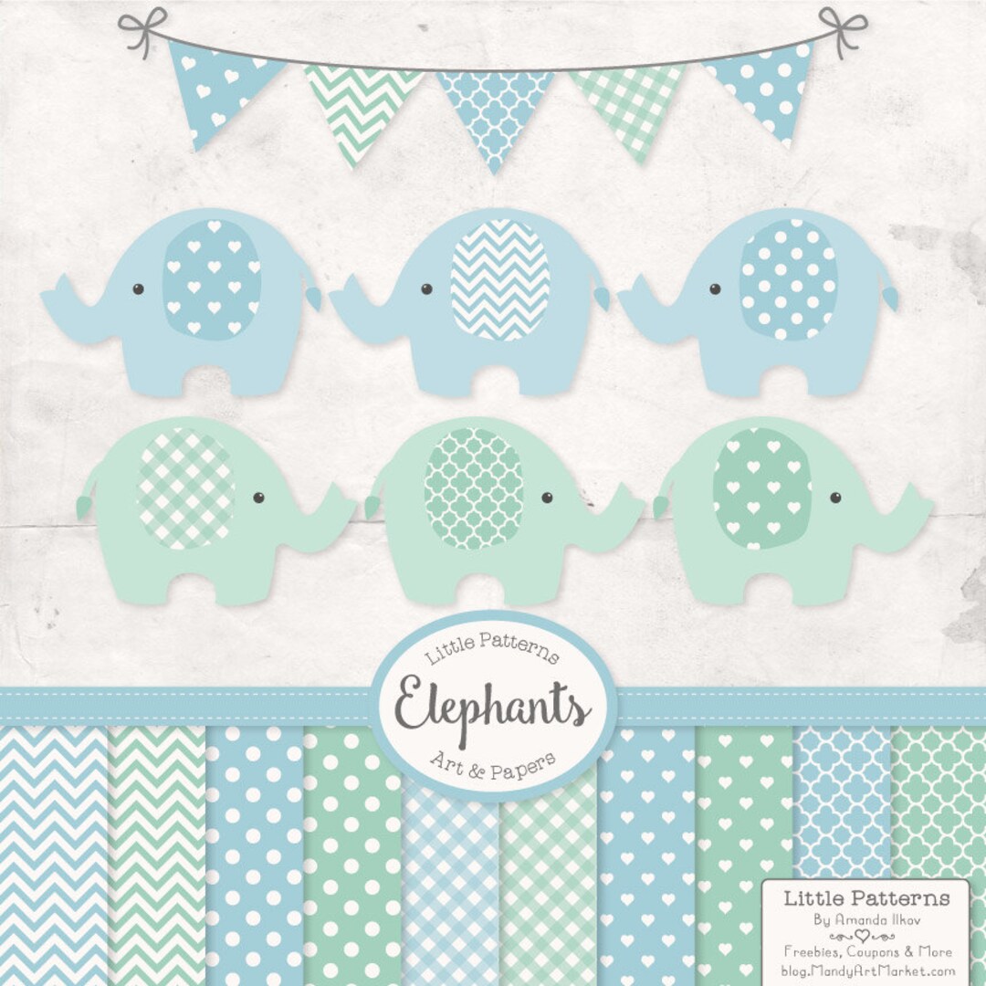 Premium Elephant Clipart, Vectors & Digital Papers in Blue Mint Mint ...