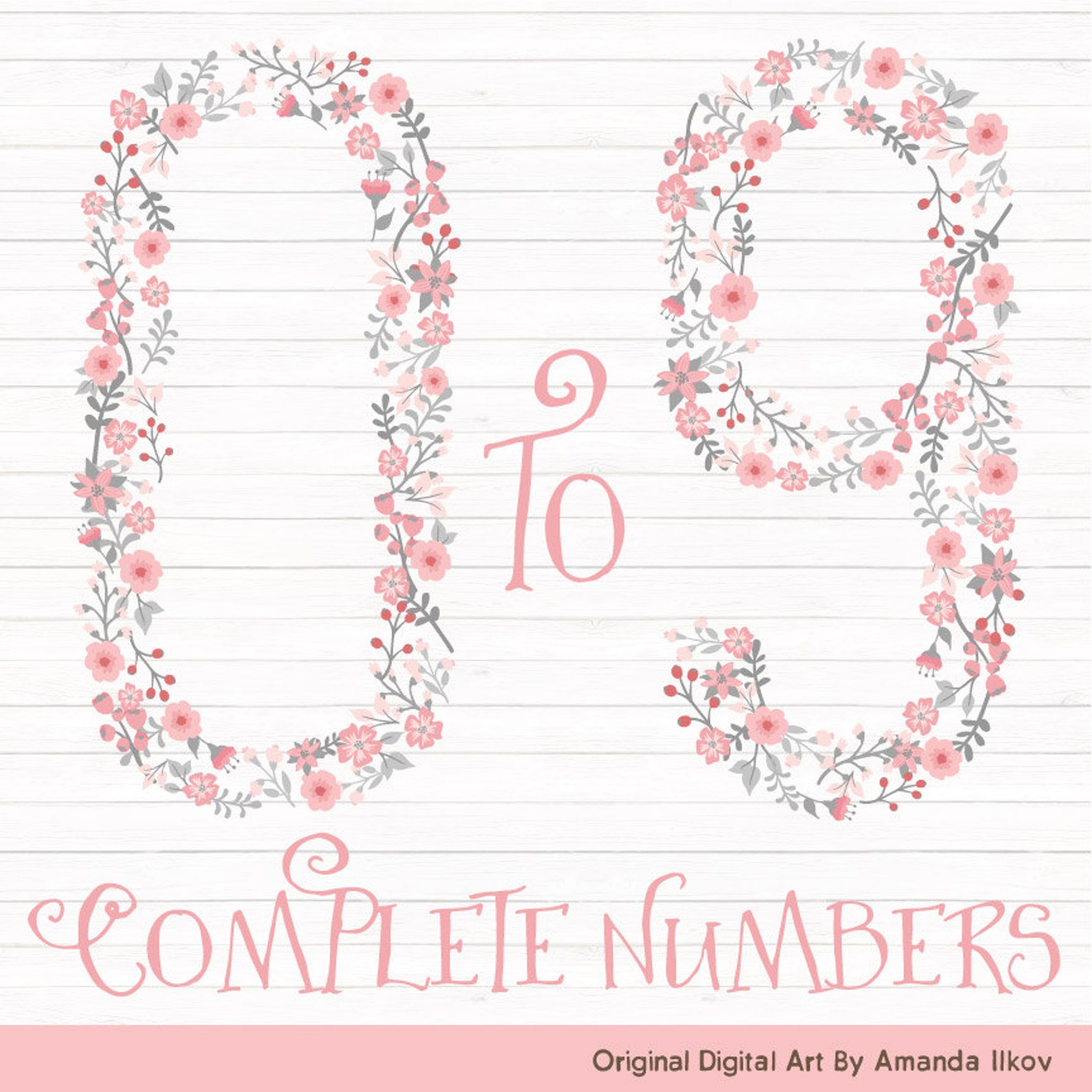 Premium Floral Numbers Clipart & Vectors in Pink and Grey - Etsy