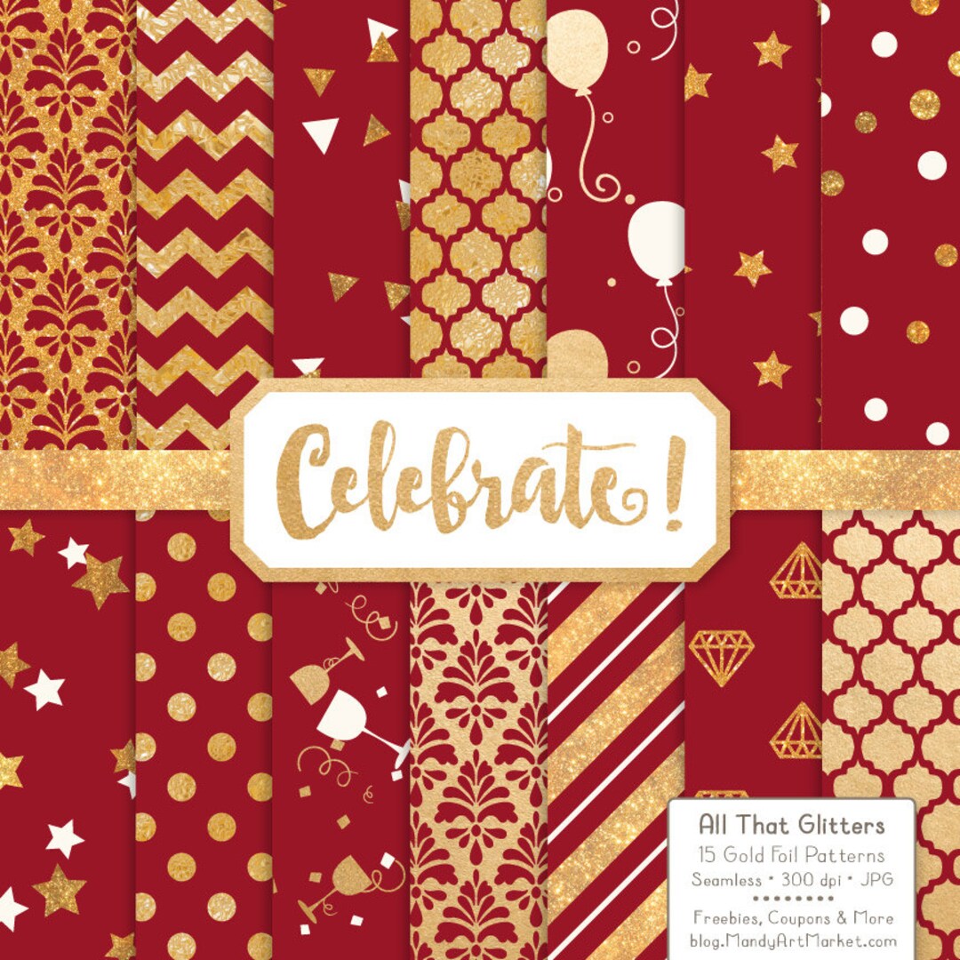 Premium Gold Foil Ruby Red Digital Papers - Party Patterns, Party ...