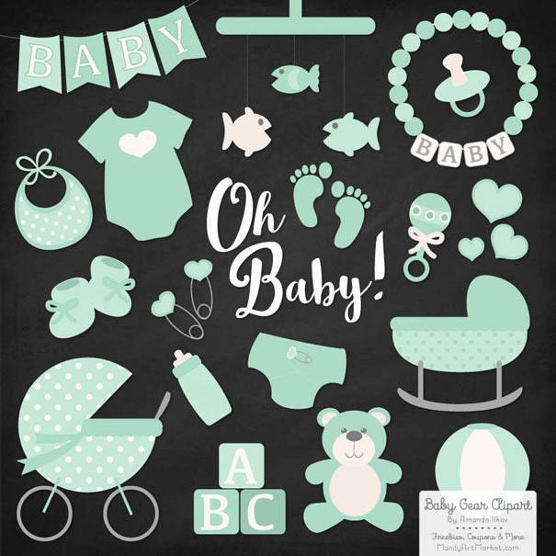 Premium Oh Baby Clipart & Vectors Set in Mint - Mint Green Baby Clipart ...