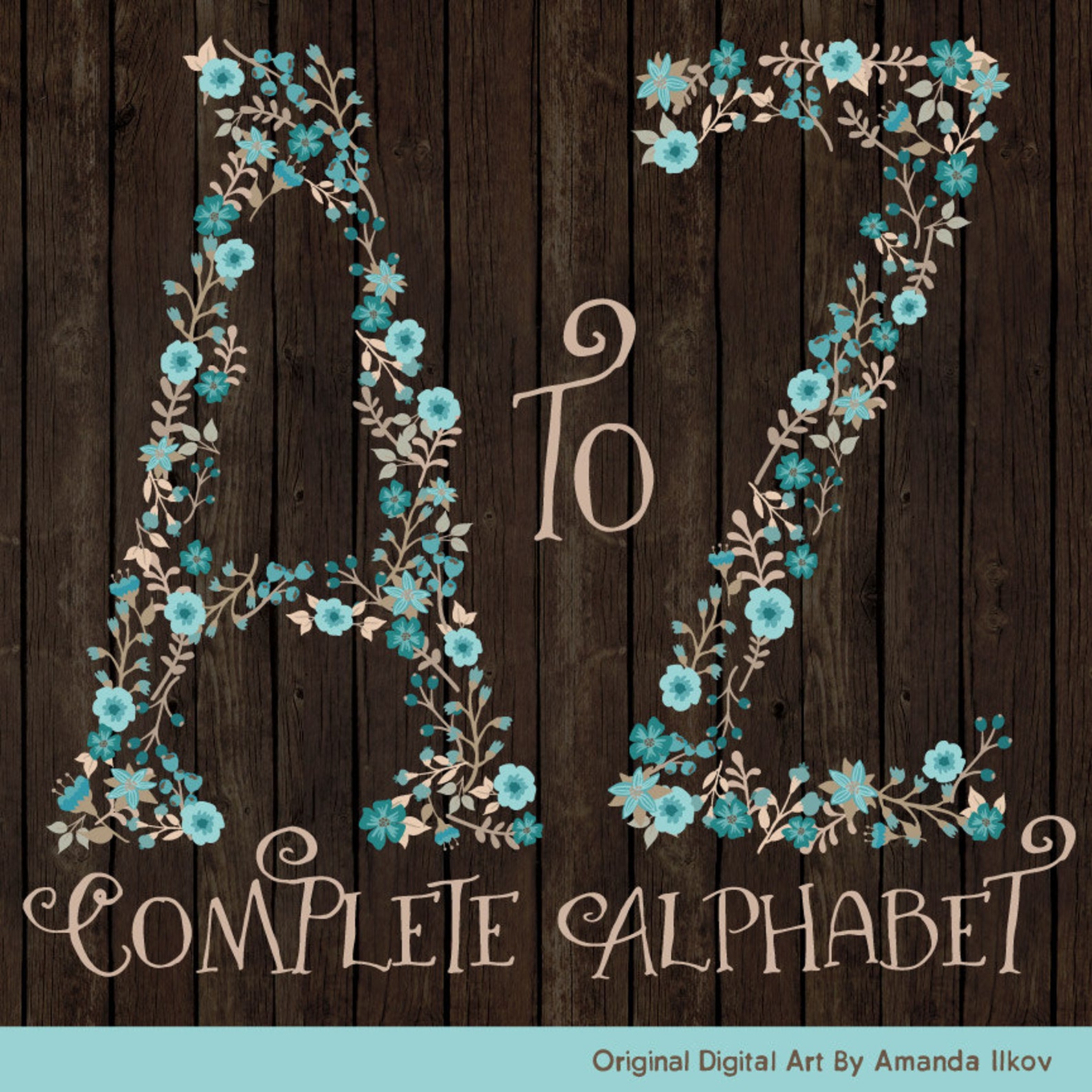 Professional Floral Alphabet Clipart & Vectors Vintage Blue | Etsy