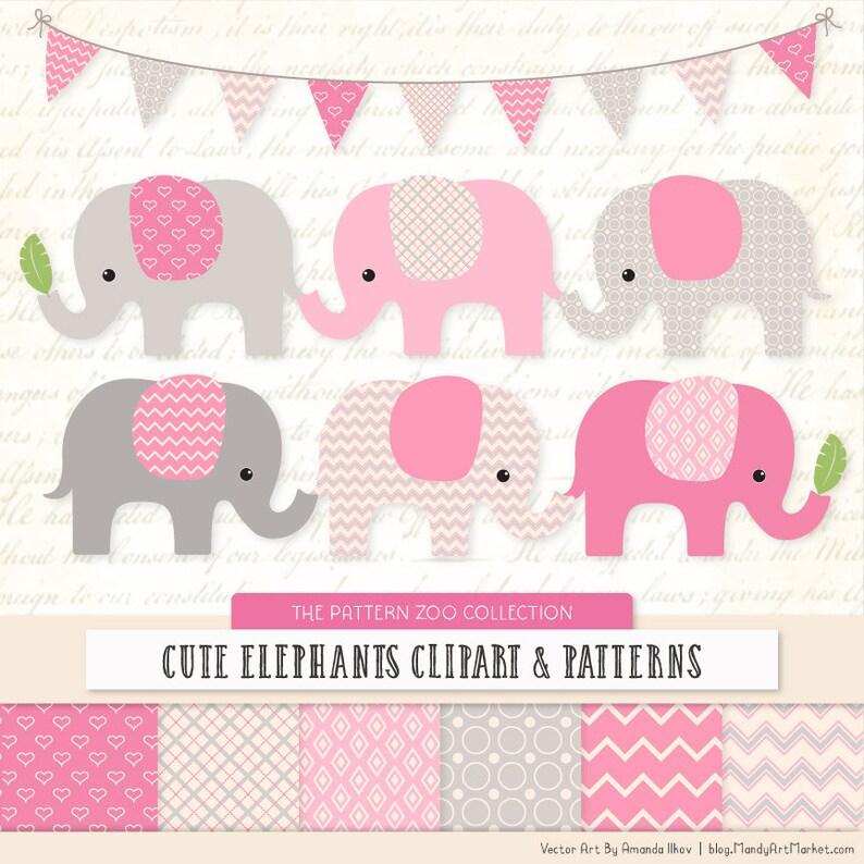 Patterned Pink Elephants Clipart and Digital Papers Pink - Etsy