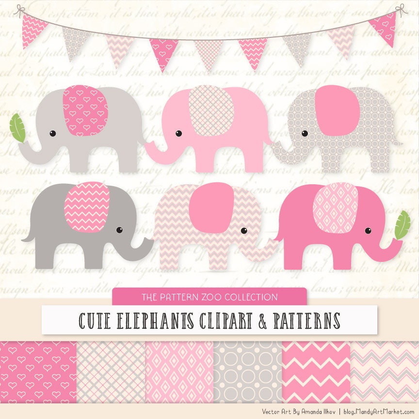 Patterned Pink Elephants Clipart and Digital Papers - Pink Elephant ...