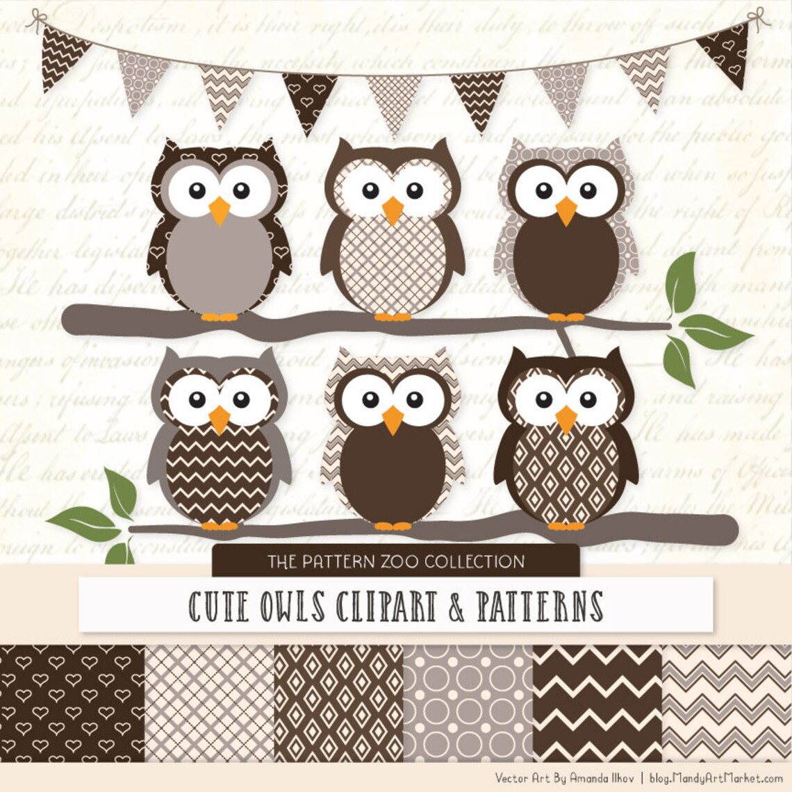 Patterned Chocolate Owls Clipart and Digital Papers - Brown Owl Clipart ...