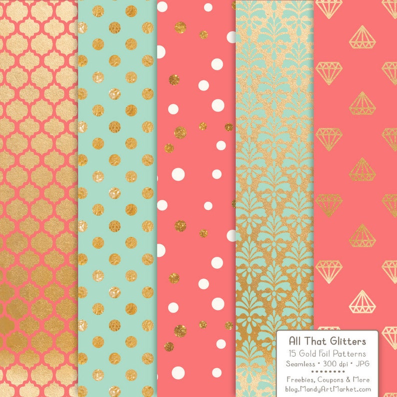 Premium Gold Foil Mint & Coral Digital Papers Party - Etsy