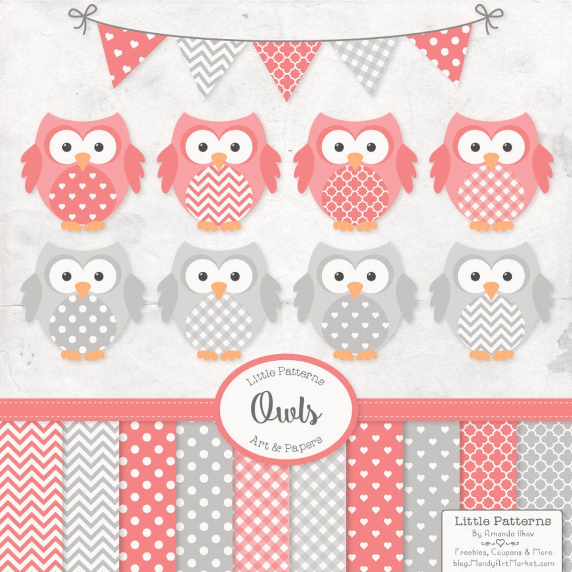 Premium Owl Clipart, Vectors & Digital Papers in Coral With Grey ...