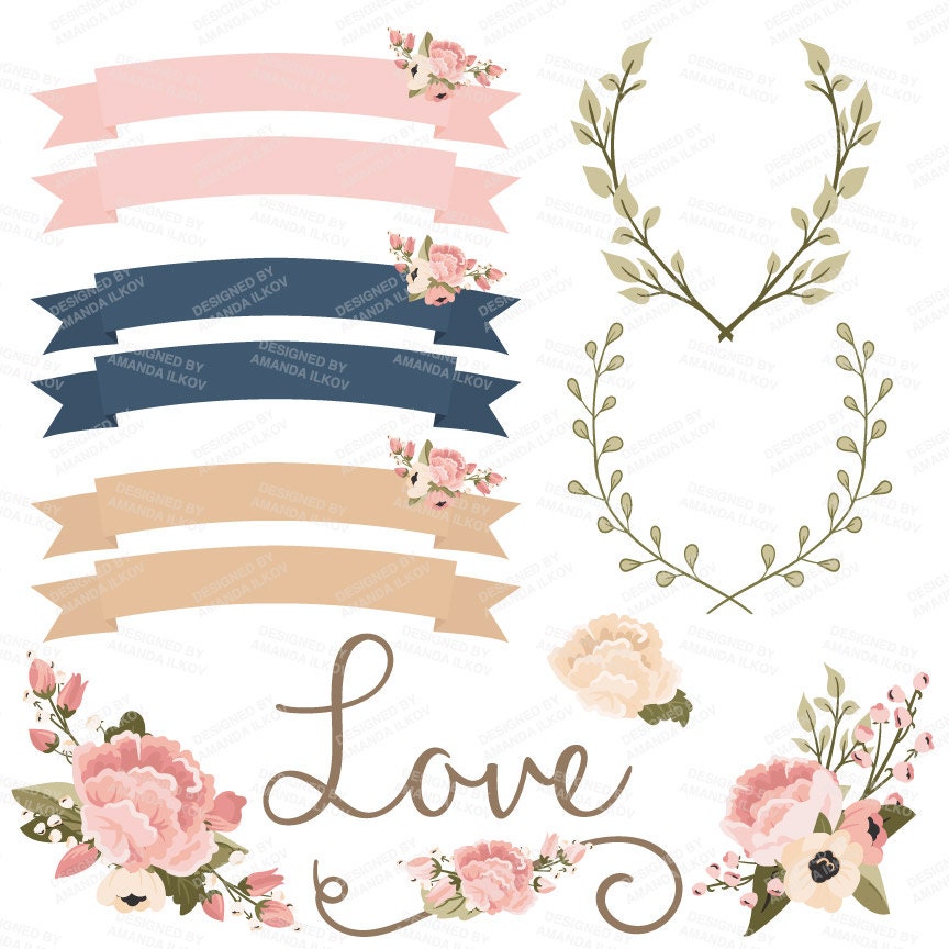 Premium Wedding Floral Clipart & Vectors Navy and Blush - Etsy UK