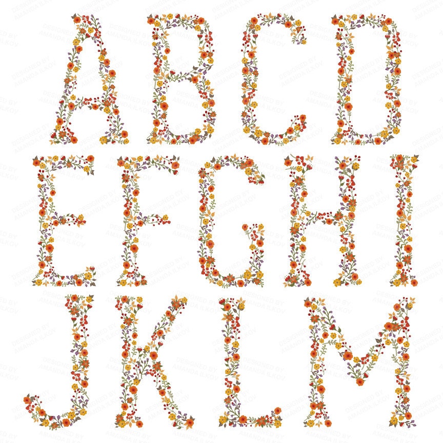 Professional Floral Alphabet Clipart & Vectors - Autumn Floral Monogram ...