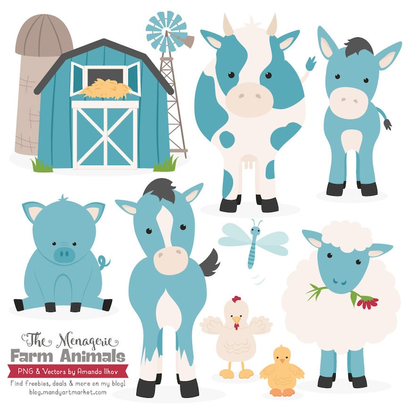 Premium Vintage Blue Farm Animals Clip Art & Vectors Vintage - Etsy