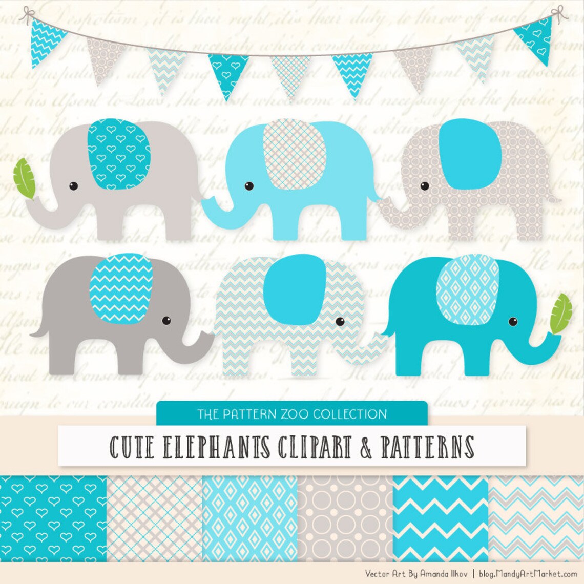Patterned Tropical Blue Elephants Clipart and Digital Papers - Blue ...