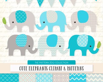 Blue Elephants Clipart and Digital Papers - Etsy