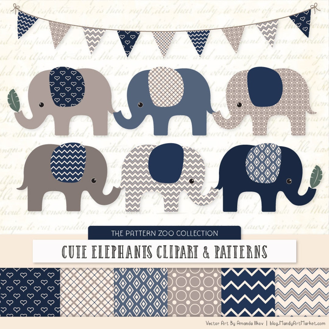 Patterned Navy Elephants Clipart and Digital Papers - Navy Elephant ...
