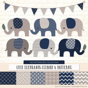 Patterned Navy Elephants Clipart and Digital Papers - Navy Elephant ...