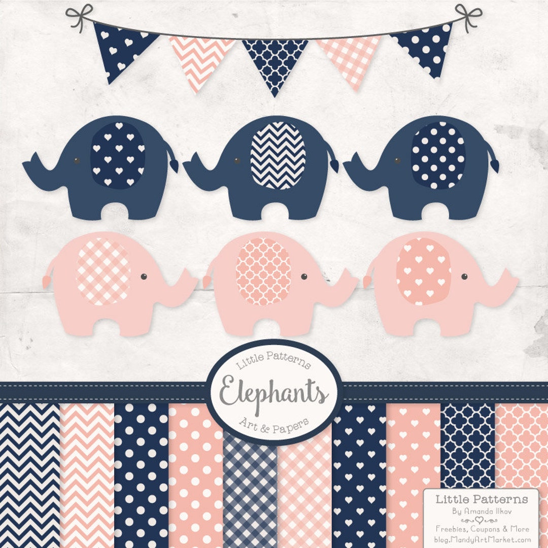 Premium Elephant Clipart, Vectors & Digital Papers in Navy and Blush ...