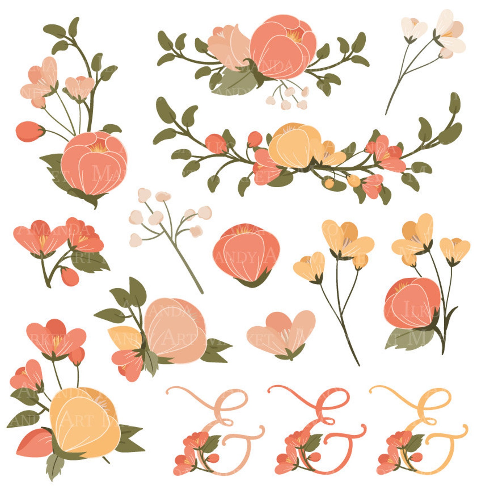 Emma Floral Heart Clipart & Vectors in Antique Peach Orange - Etsy