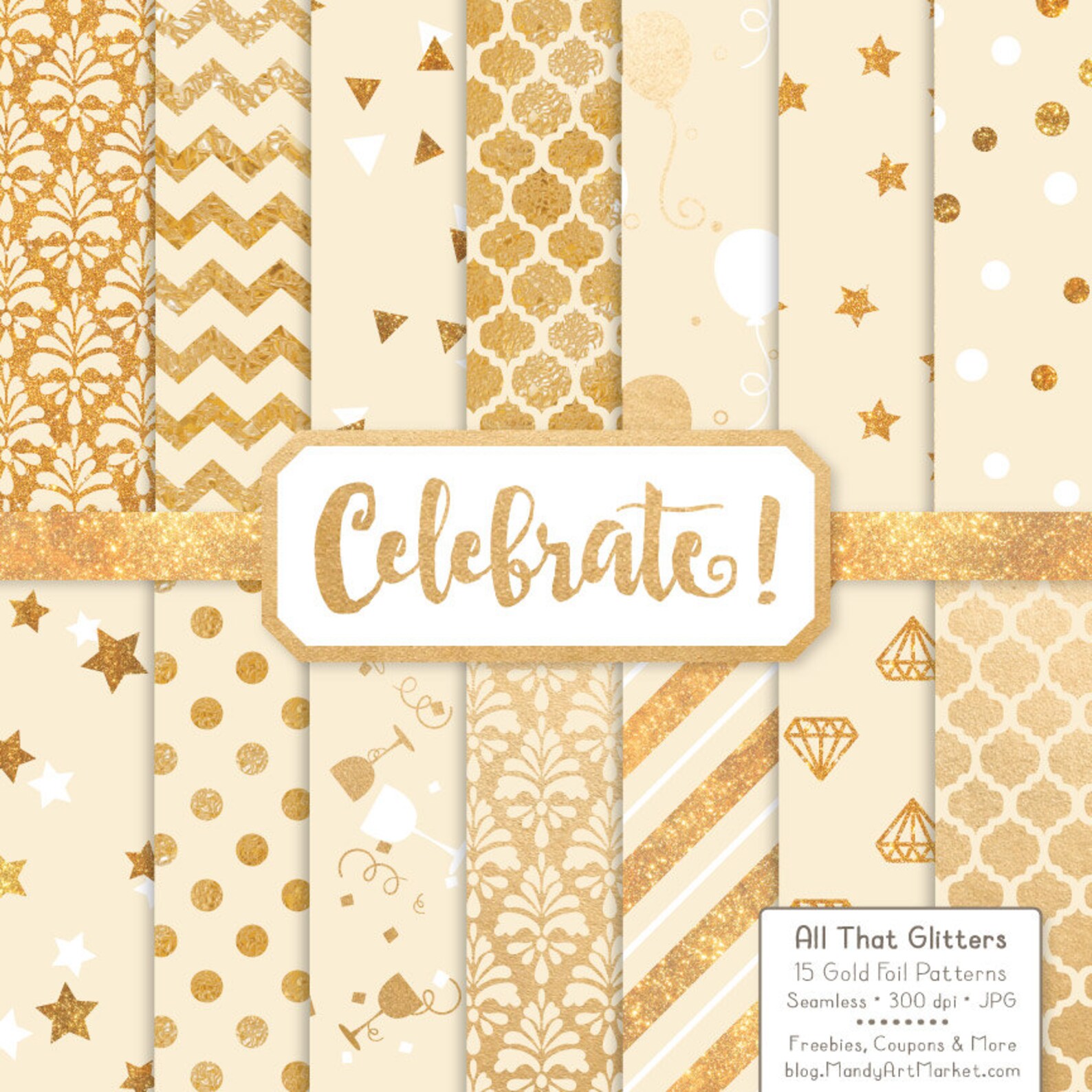 Celebrate Gold Foil Digital Papers in Cream Party Patterns | Etsy