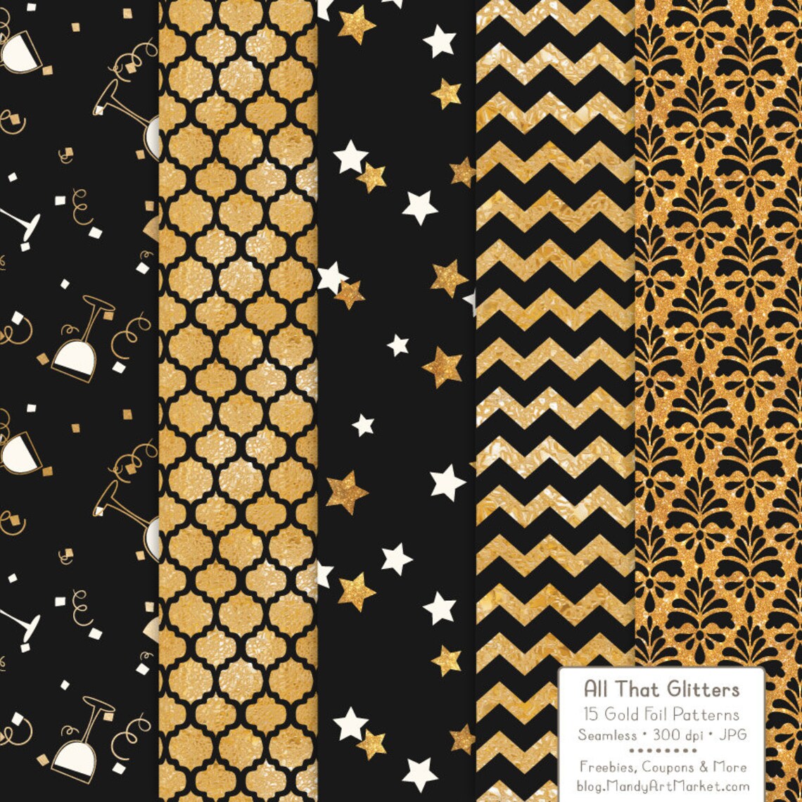 Celebrate Gold Foil Digital Papers in Black - Party Patterns, Party ...